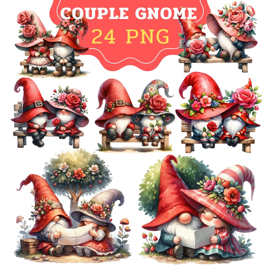 Valentine Gnome Watercolor Clipart, Cute Gnome Clipart, Red Gnome ...