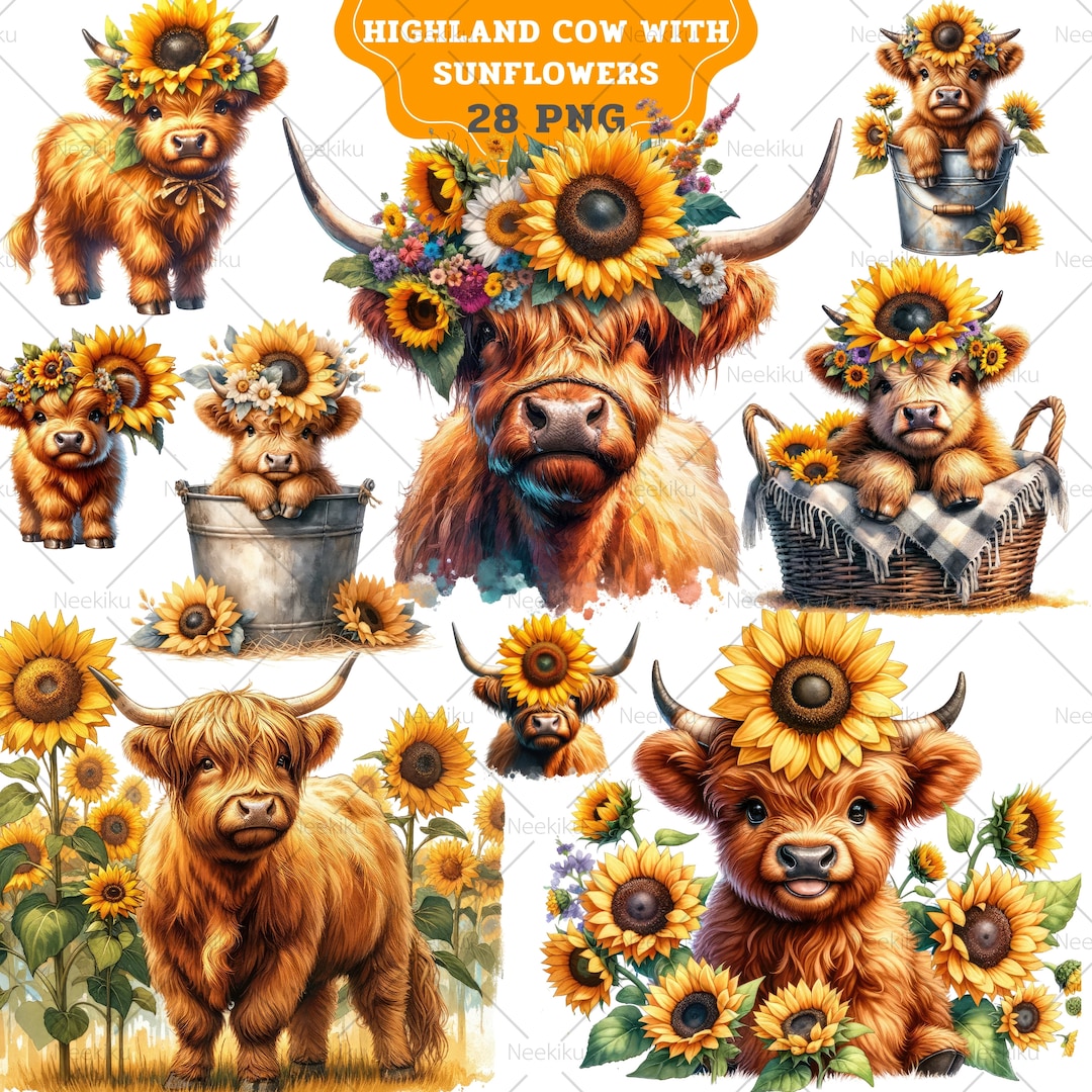Highland Cow With Sunflowers, Sunflowers Watercolor, Highland Cow PN ...
