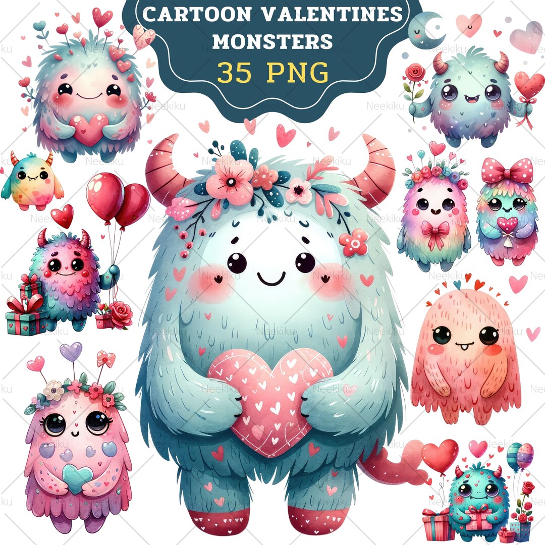 Cute Cartoon Valentines Monsters Clipart, Monsters in Love, Valentines ...