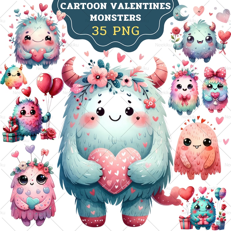 Cute Cartoon Valentines Monsters Clipart, Monsters in Love, Valentines ...