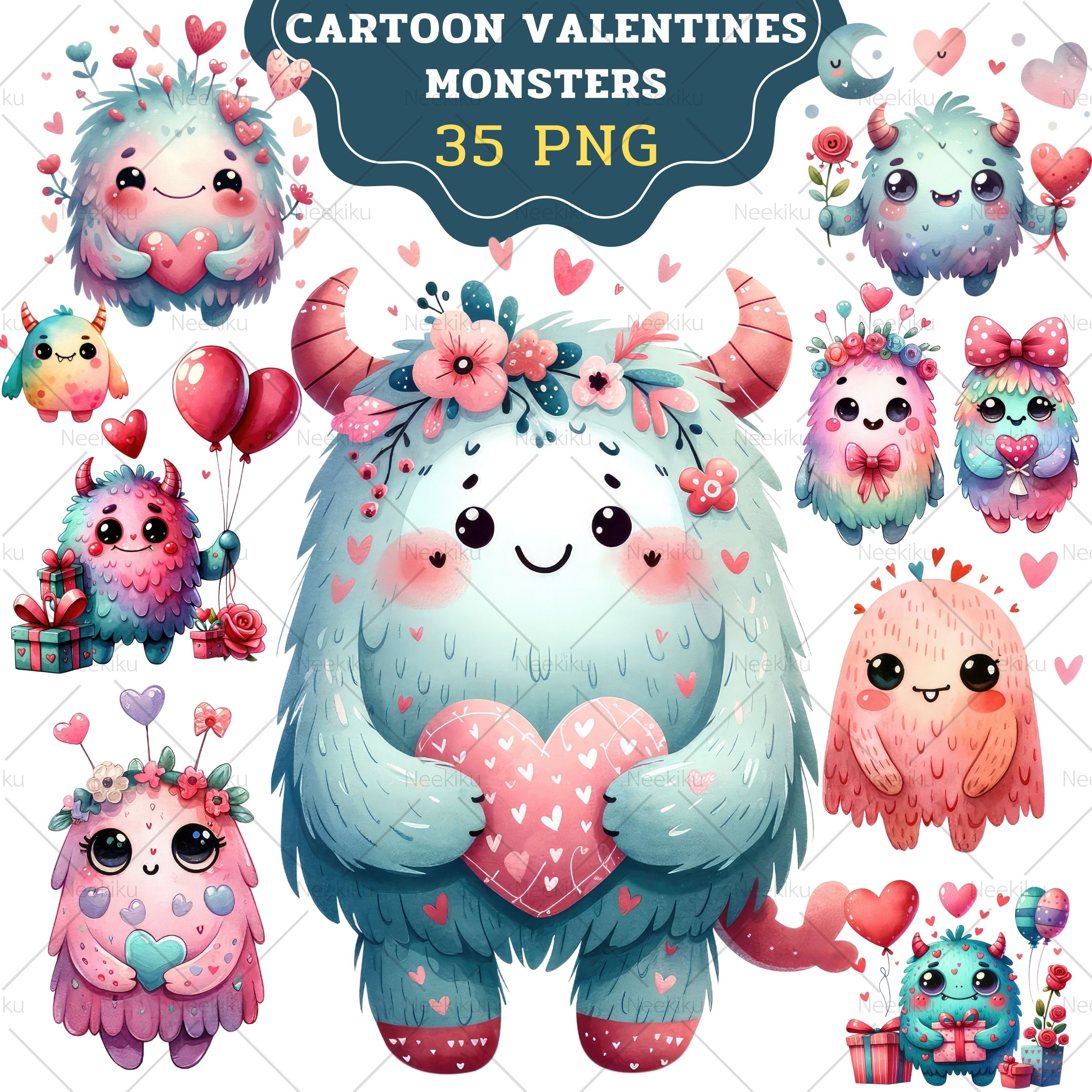 Cute Cartoon Valentines Monsters Clipart, Monsters in Love, Valentines ...