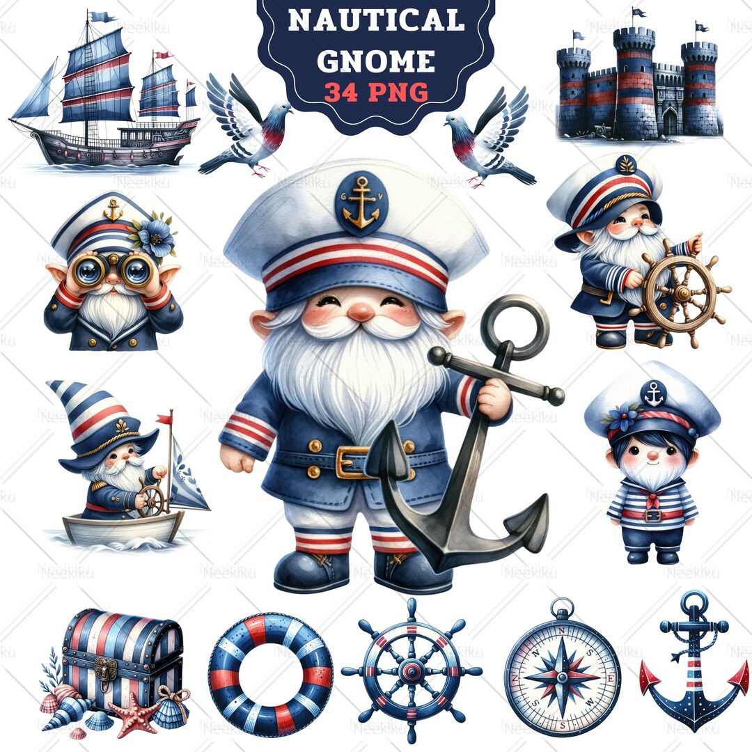 Nautical Gnome Clipart Bundle, Summer Clipart, Navy Blue Nautical ...