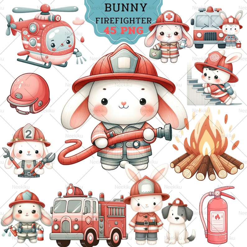 Brave Bunny Firefighter Clipart, Firefighter Collection, Heroic Bunny ...