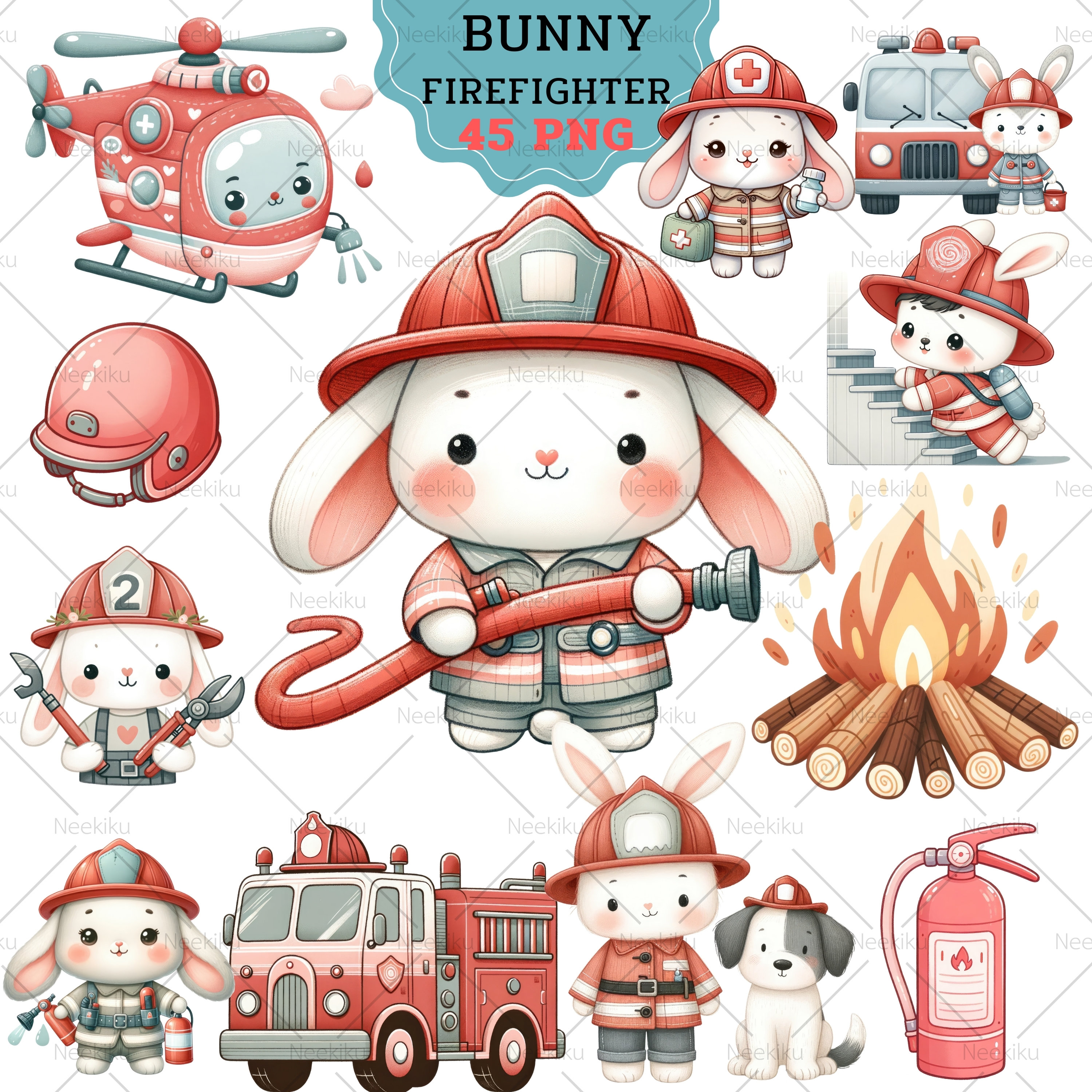 Brave Bunny Firefighter Clipart, Firefighter Collection, Heroic Bunny ...