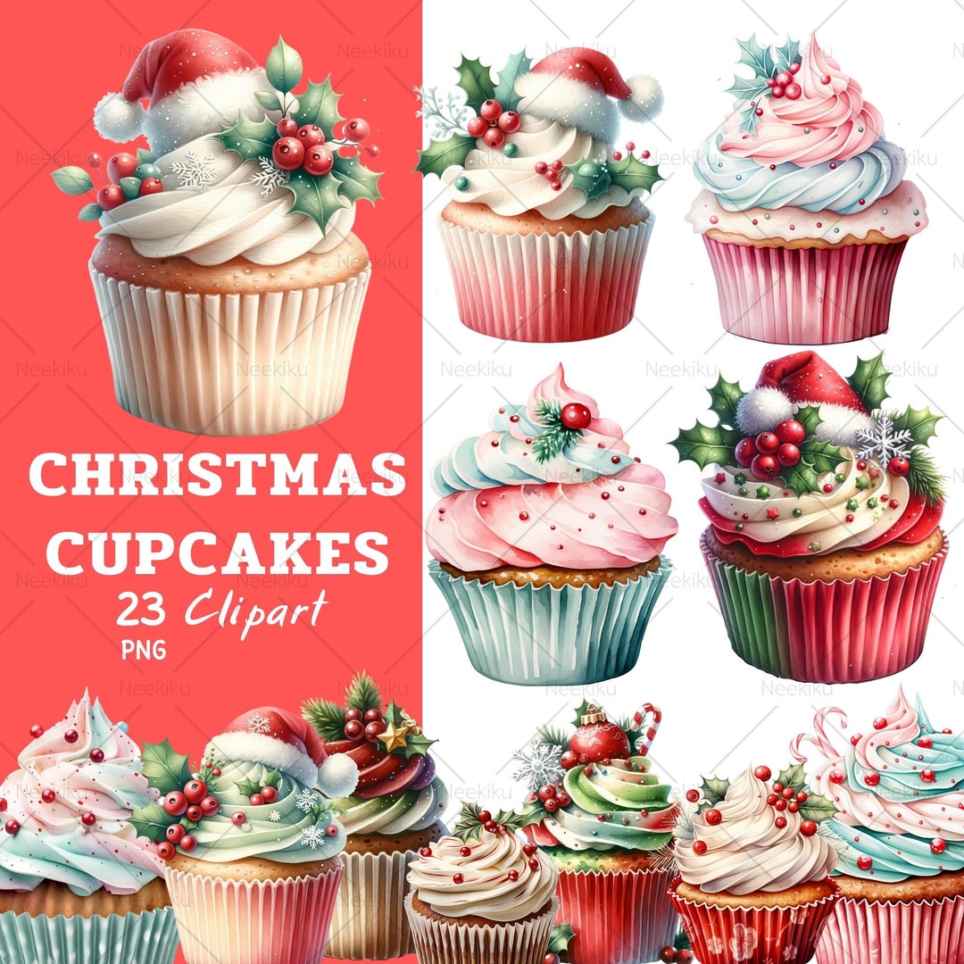 Watercolor Christmas Cupcakes Clipart: Festive PNG Dessert (digital ...