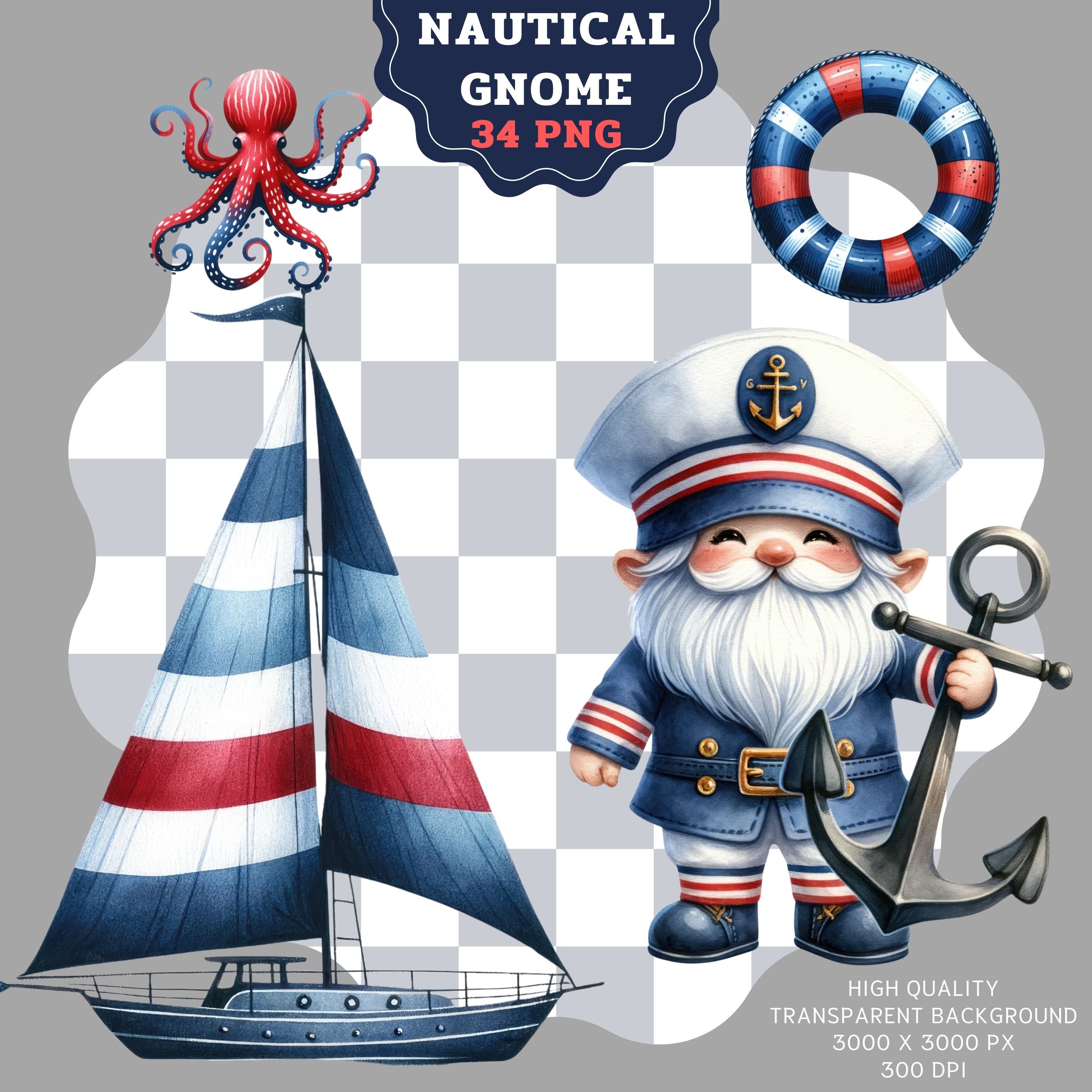 Nautical Gnome Clipart Bundle, Summer Clipart, Navy Blue Nautical ...