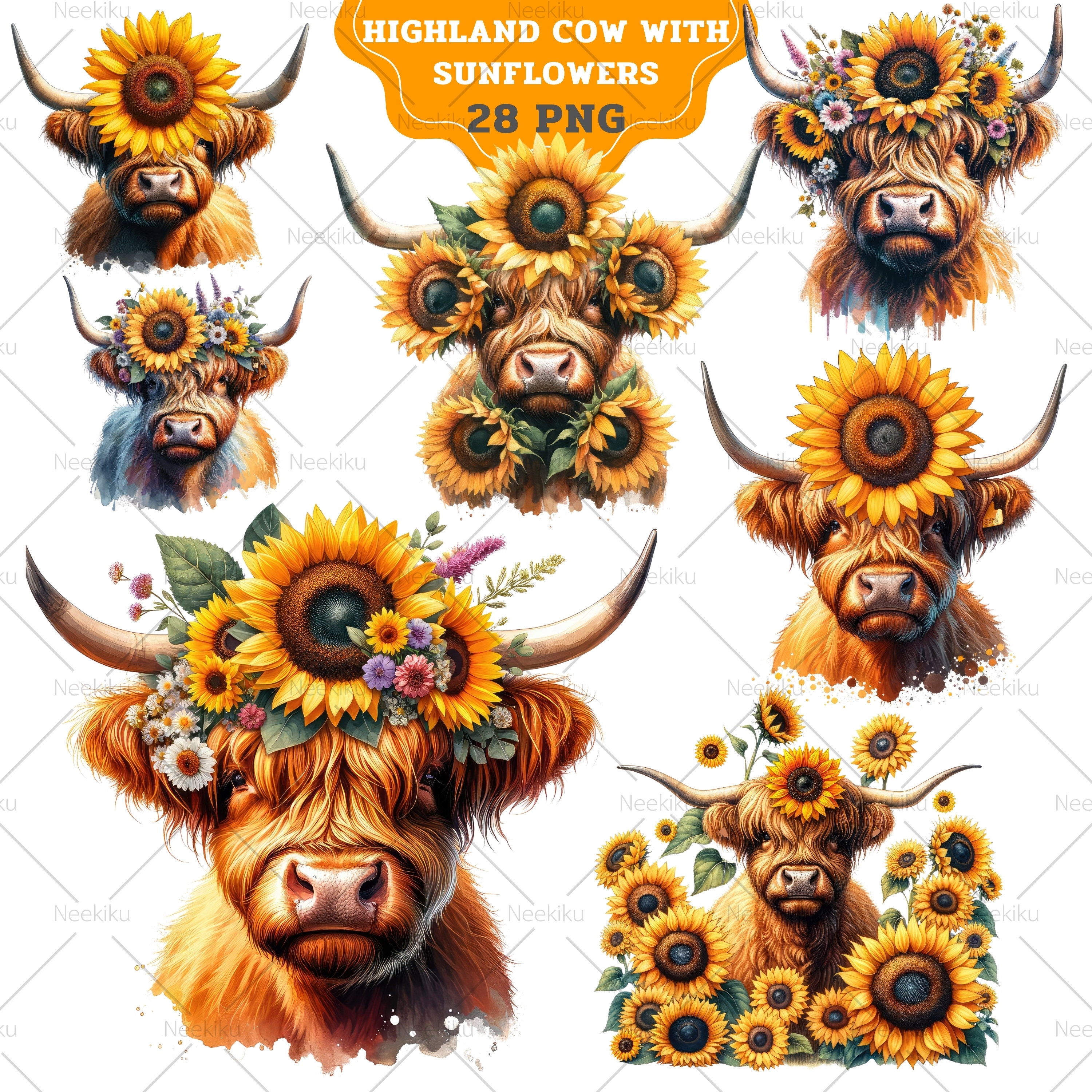 Highland Cow With Sunflowers, Sunflowers Watercolor, Highland Cow PN ...