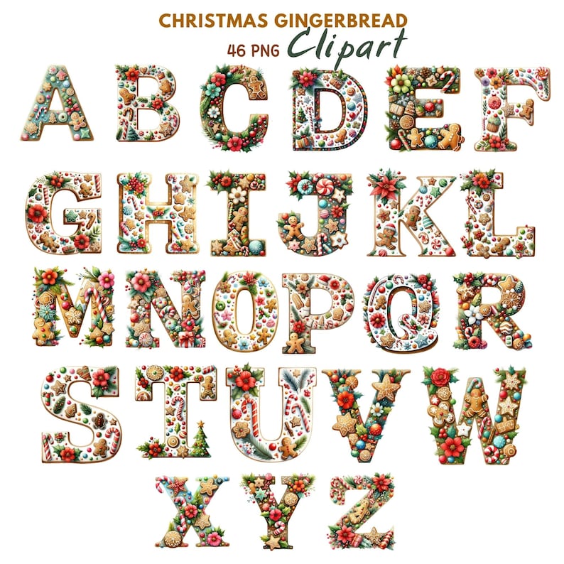Watercolor Gingerbread Cookie Alphabet Clipart, Christmas Graphics ...