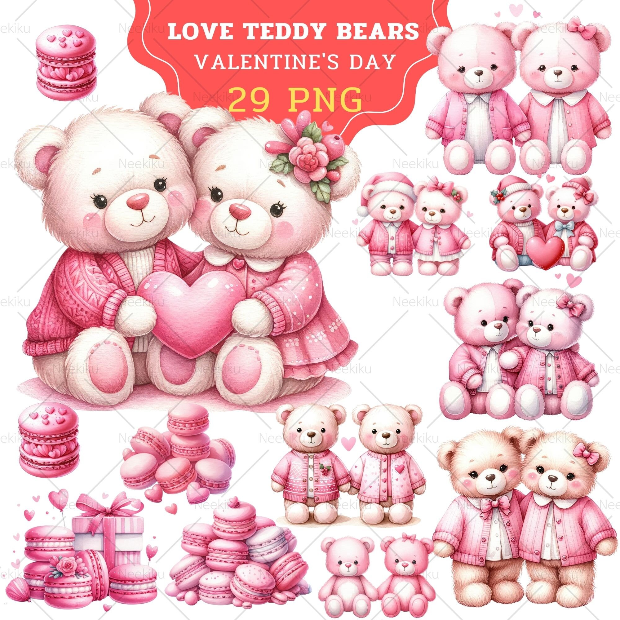 Pink Valentine Teddy Bear Couple Clipart, Nursery Clipart, Valentine ...