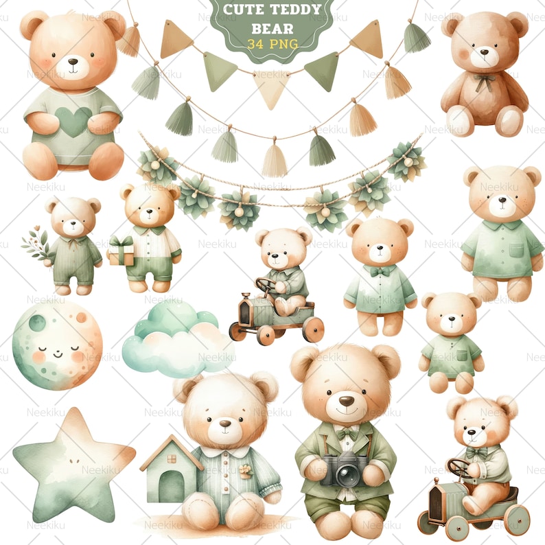 Teddy Bear Clipart, Cute Boho Bears, Watercolor Teddy Bear, Baby Shower ...