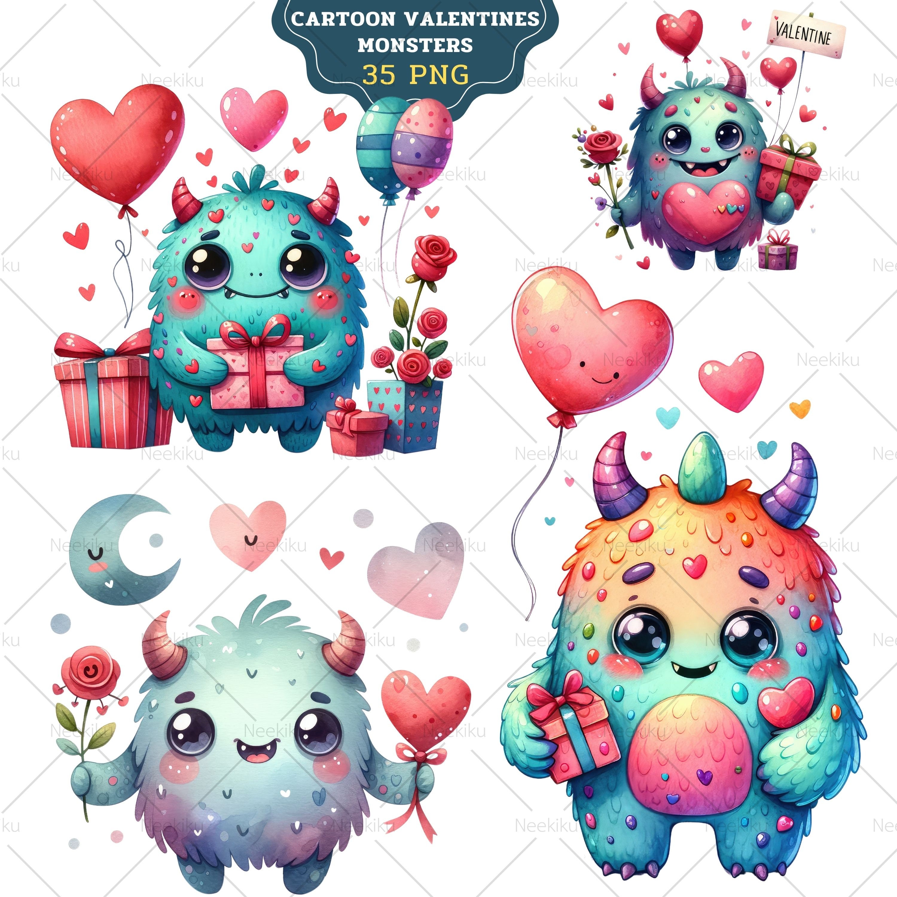 Cute Cartoon Valentines Monsters Clipart, Monsters in Love, Valentines ...