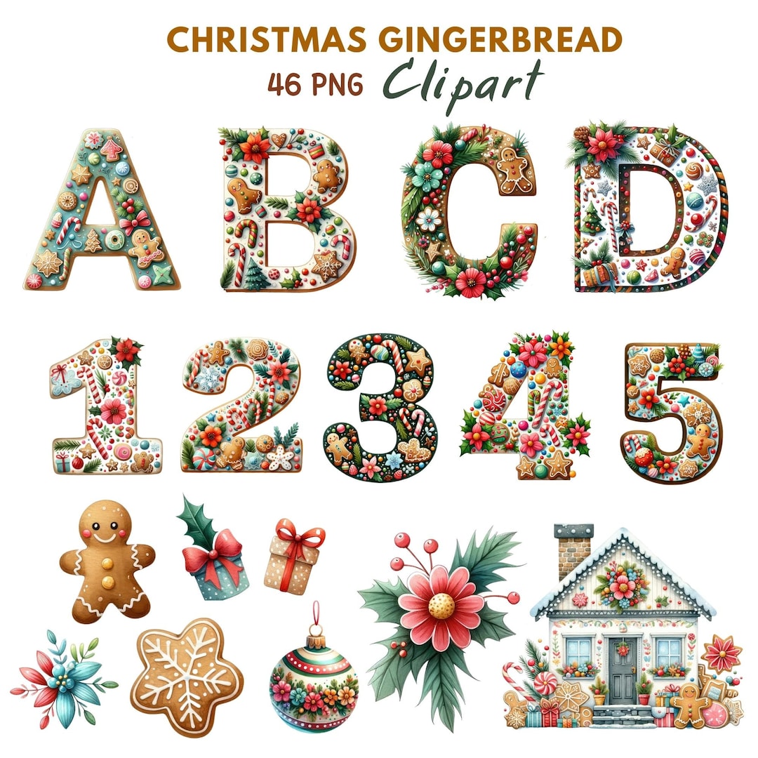 Watercolor Gingerbread Cookie Alphabet Clipart, Christmas Graphics ...