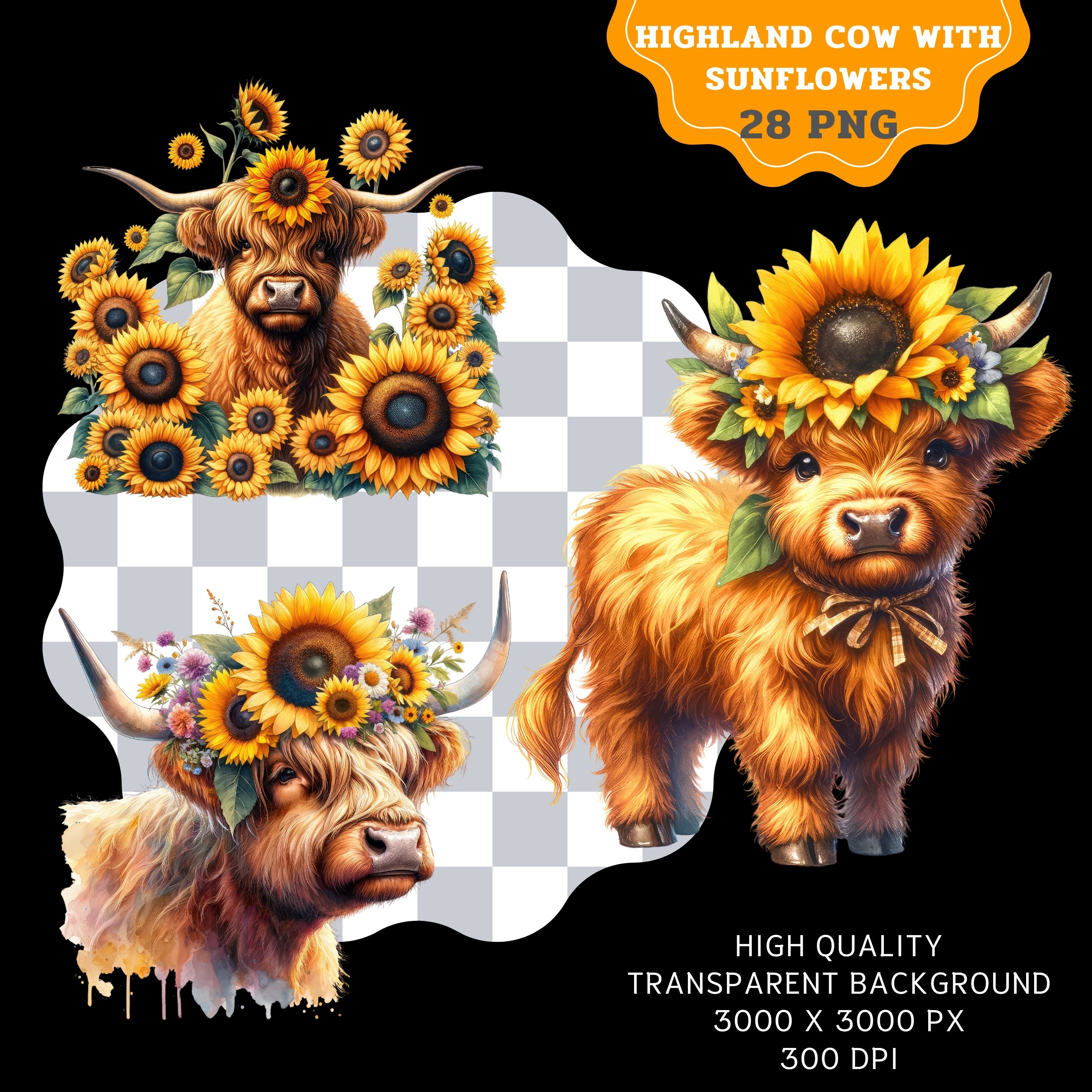 Highland Cow With Sunflowers, Sunflowers Watercolor, Highland Cow PN ...