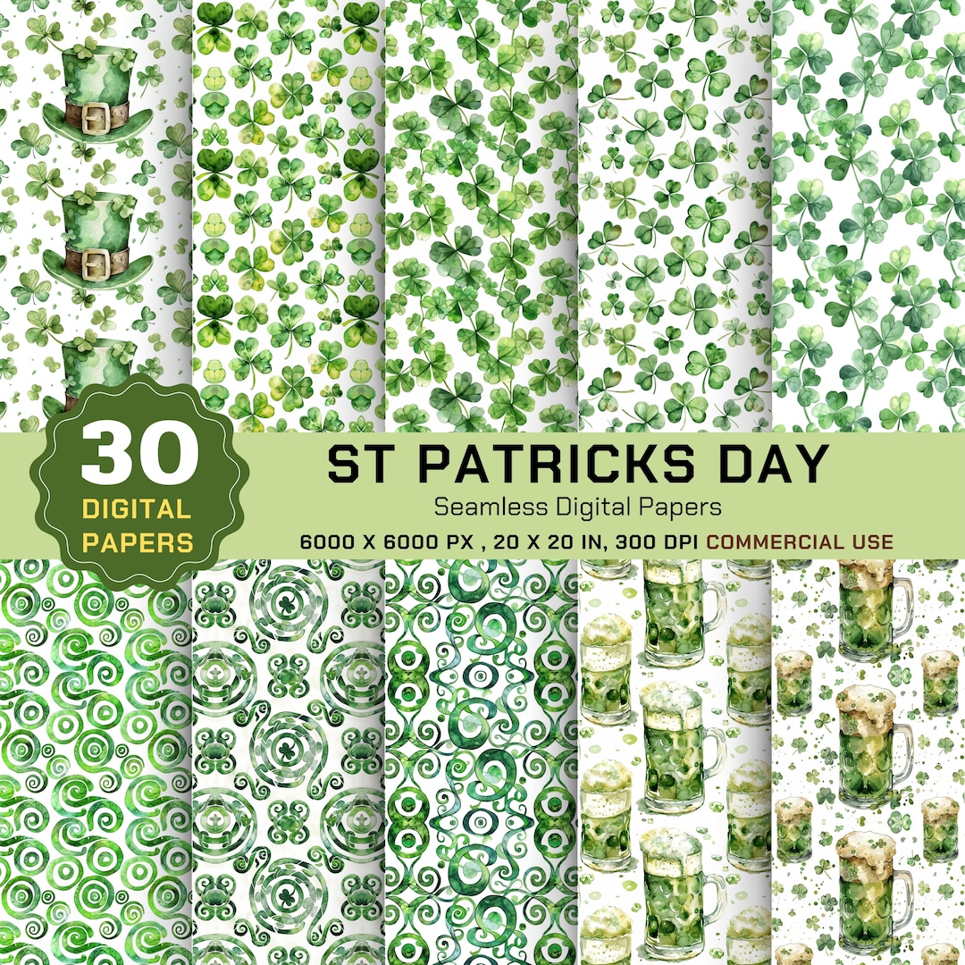 St Patrick's Day Digital Paper, Seamless Patterns Shamrock, St Patrick ...