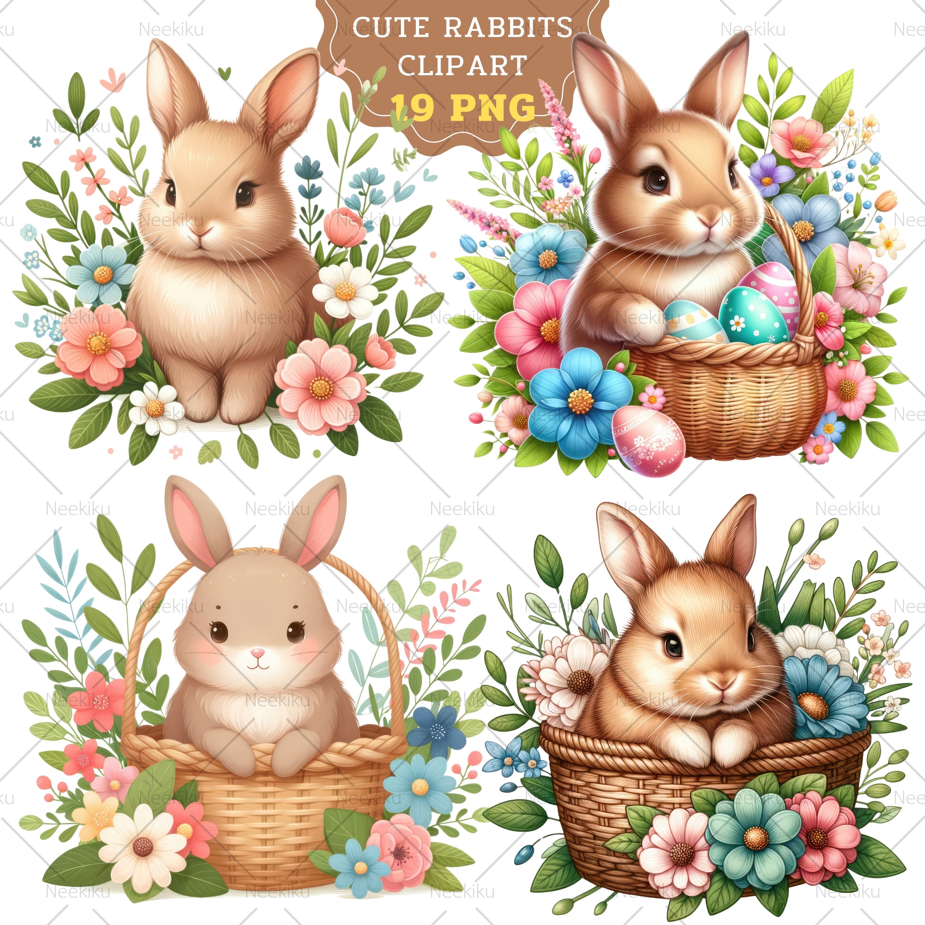 Floral Bunnies Clipart, Bunnies Clipart, Nursery Spring Clipart, Easter ...