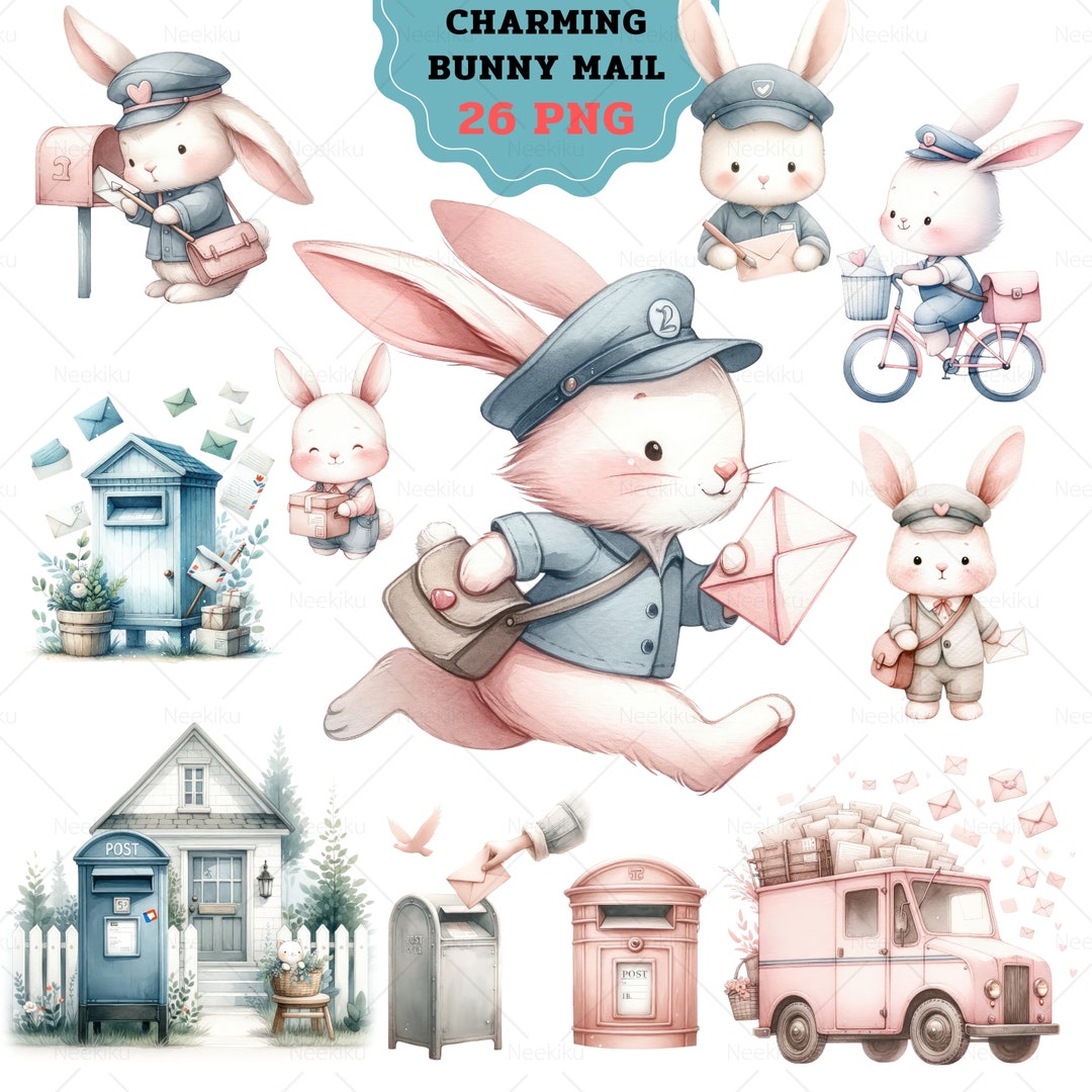 Charming Bunny Postman, Watercolor Art, Cute Rabbit Nursery Decor ...