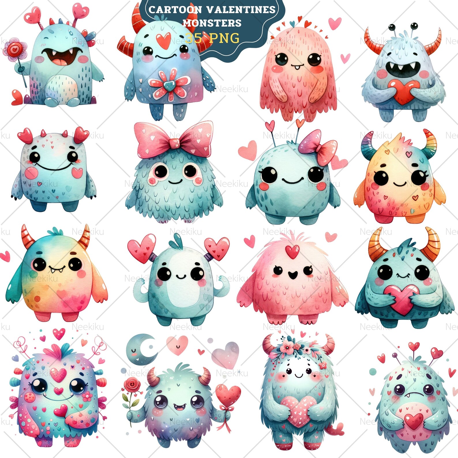 Cute Cartoon Valentines Monsters Clipart, Monsters in Love, Valentines ...