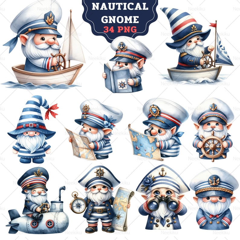 Nautical Gnome Clipart Bundle, Summer Clipart, Navy Blue Nautical ...