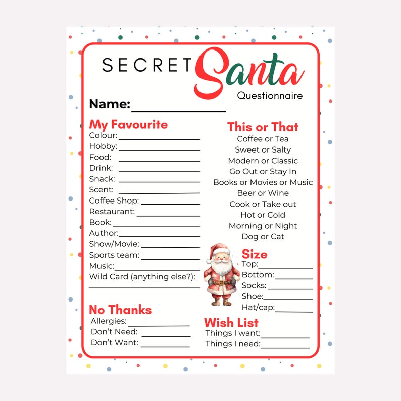 Secret Santa Survey,printable Secret Santa Gift Exchange Survey,work ...
