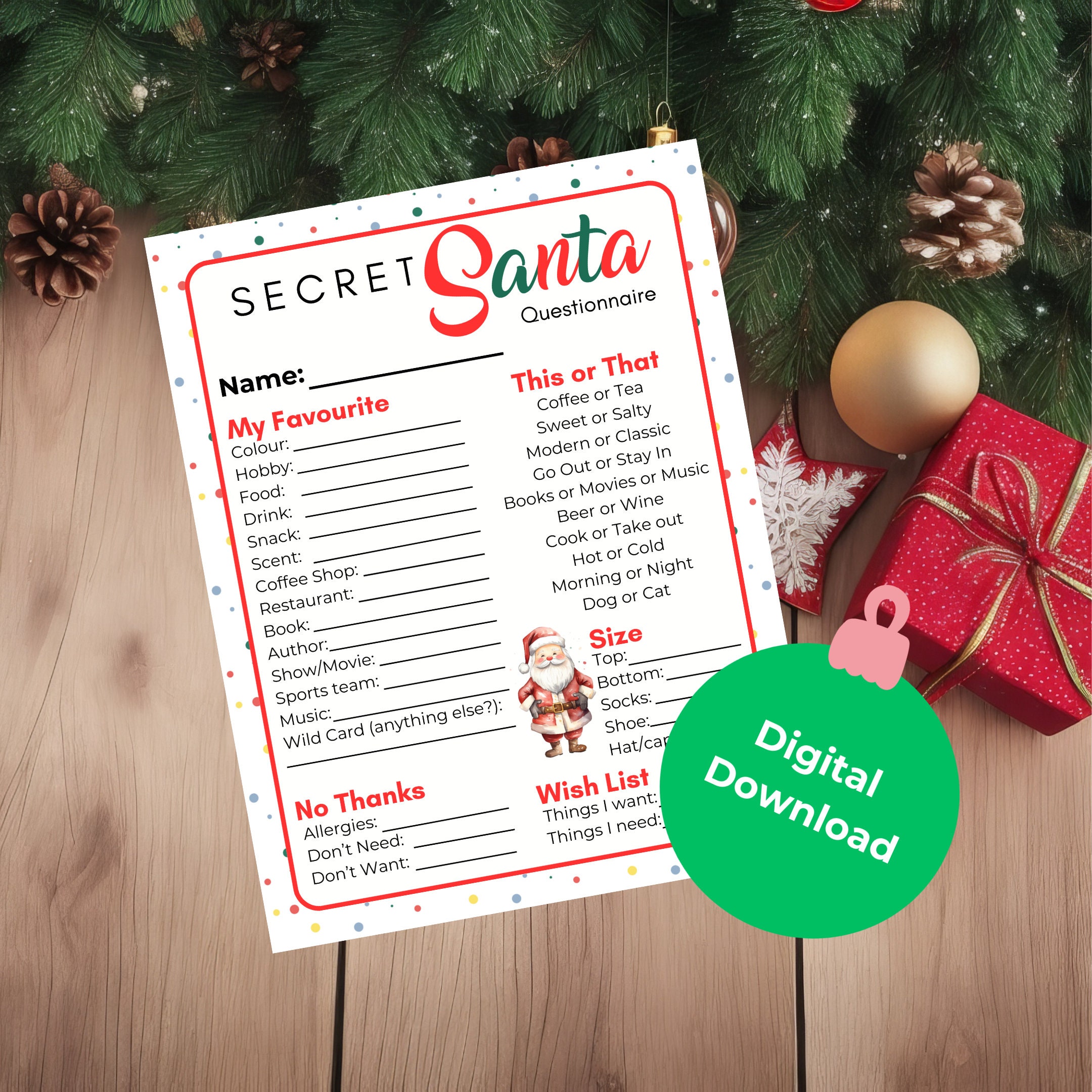 Secret Santa Survey,printable Secret Santa Gift Exchange Survey,work ...