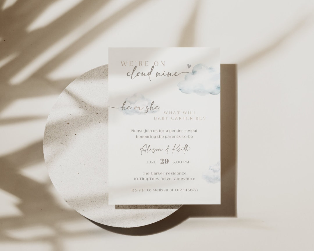 On Cloud Nine Gender Reveal Invite Gender Neutral Cloud Theme Baby | We ...