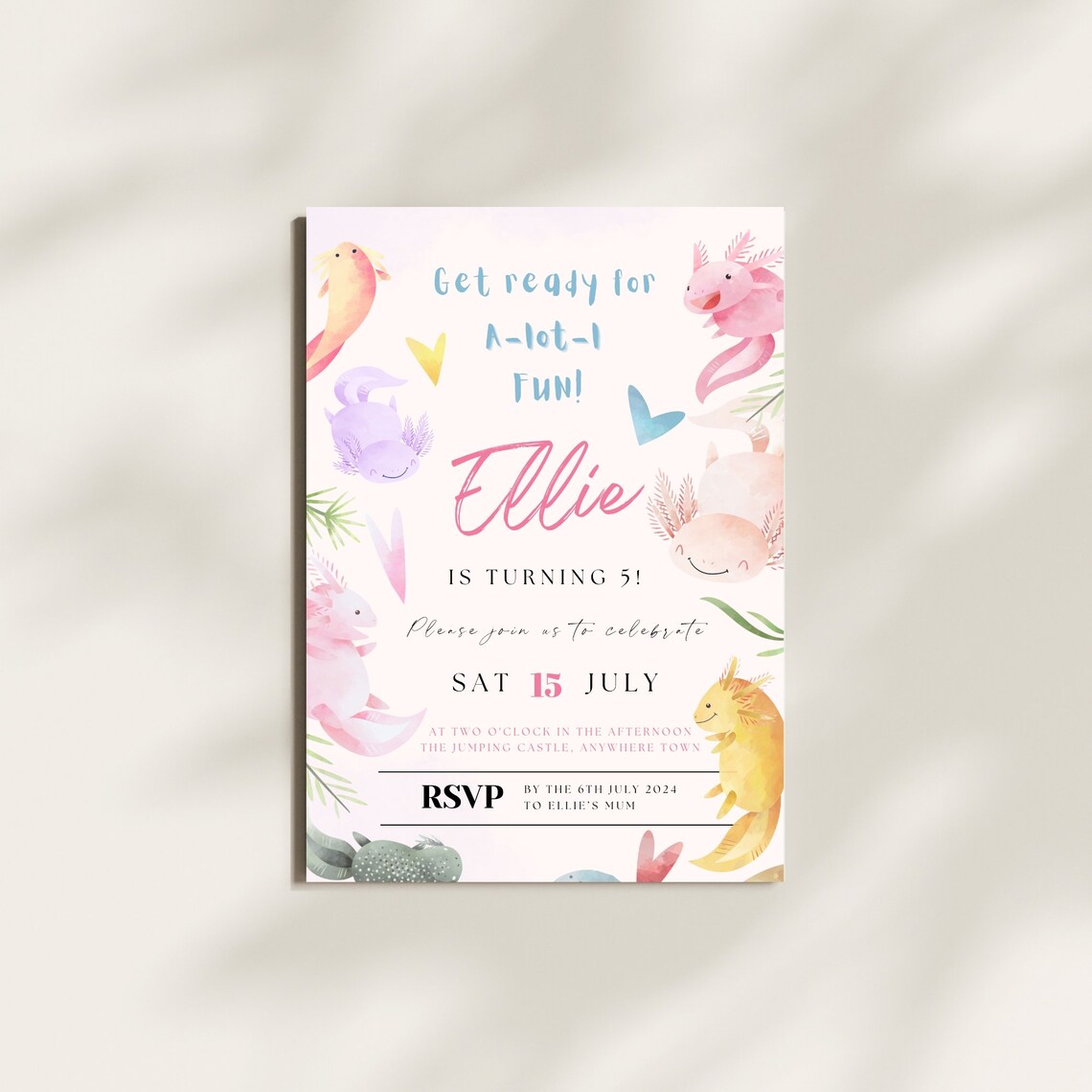 Axolotl Birthday Invitation Girls Canva Editable Template | Instant ...