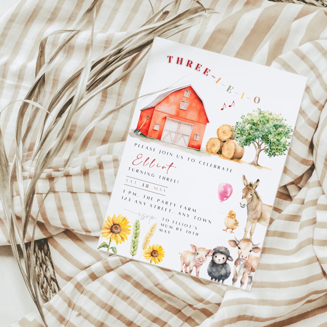 Barnyard Invitation Boy Third Birthday Party | 3rd Birthday Farm Animal ...