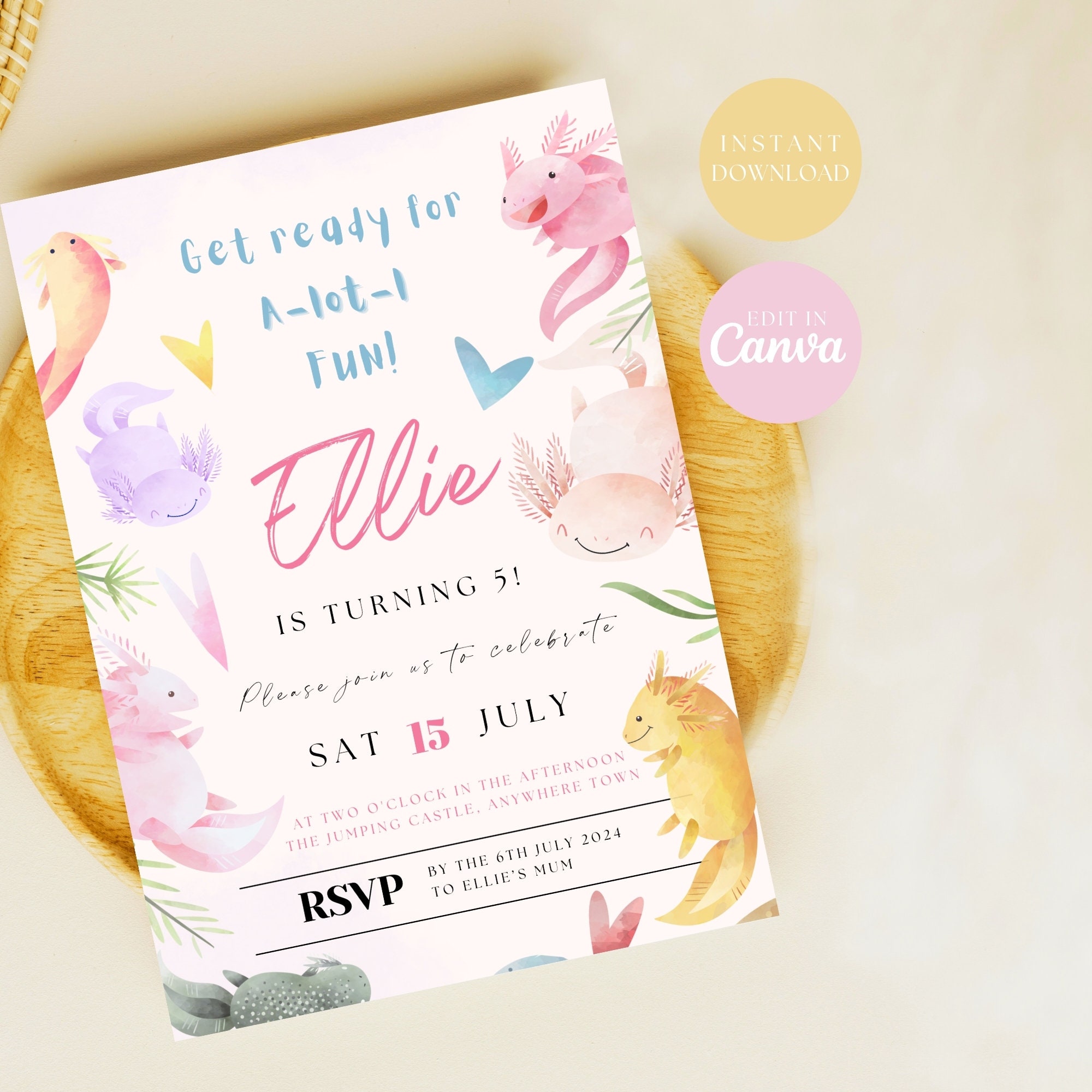 Axolotl Birthday Invitation Girls Canva Editable Template | Instant ...