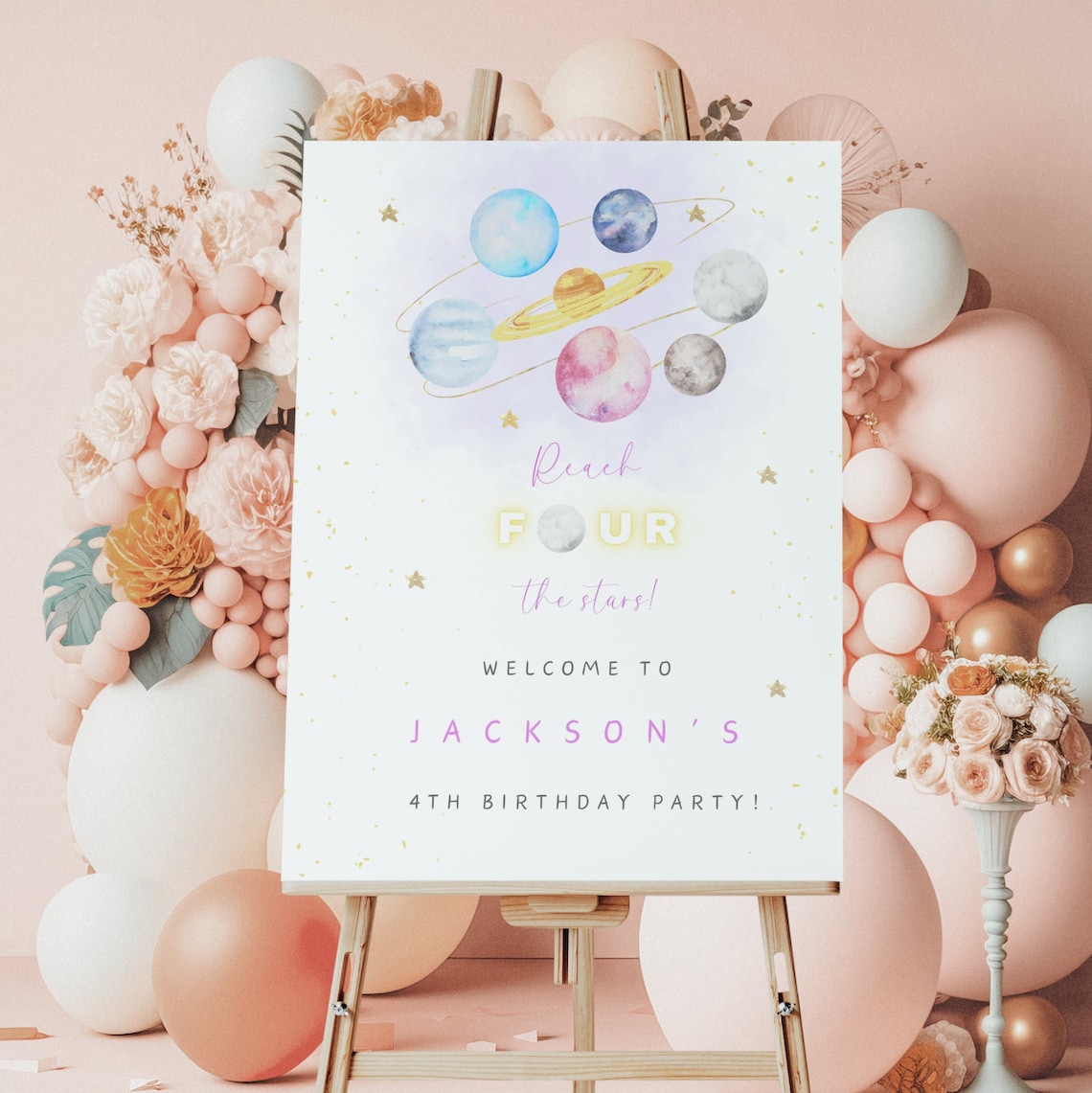 Outer Space Birthday Sign Reach Four the Stars 4th Birthday | Space ...