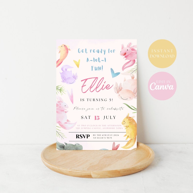 Axolotl Birthday Invitation Girls Canva Editable Template | Instant ...