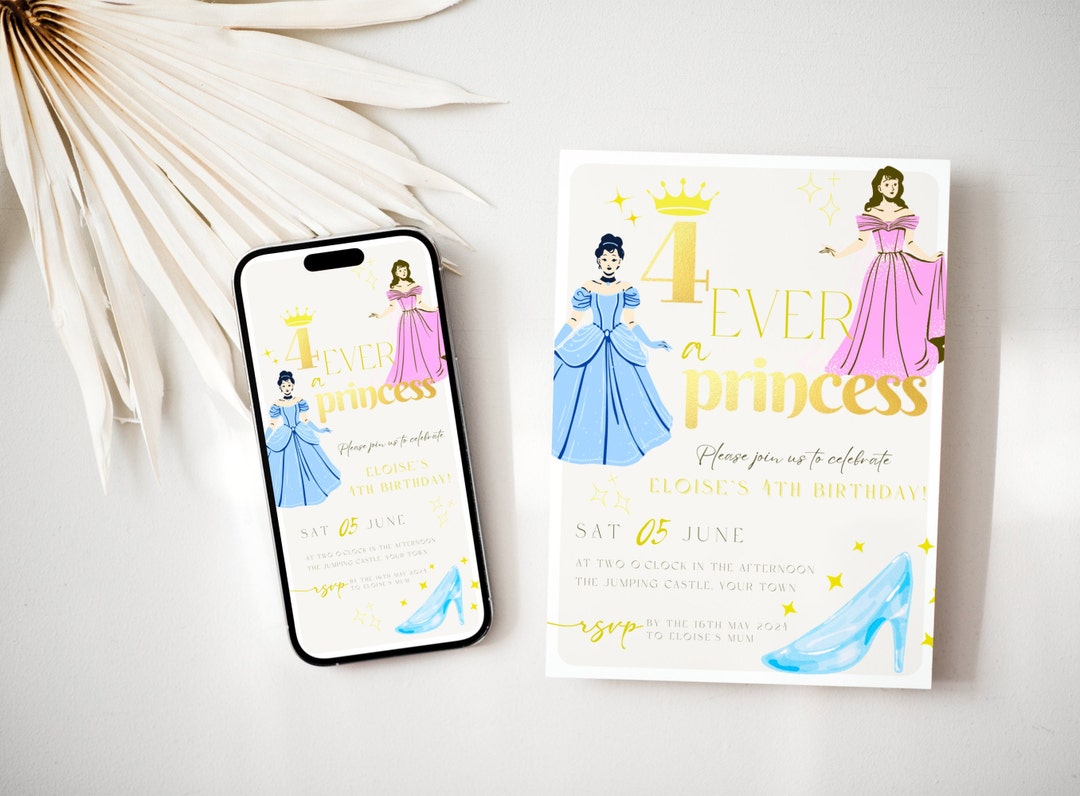 Four Ever Princess Birthday Invitation Set Phone Evite 4th Birthday ...