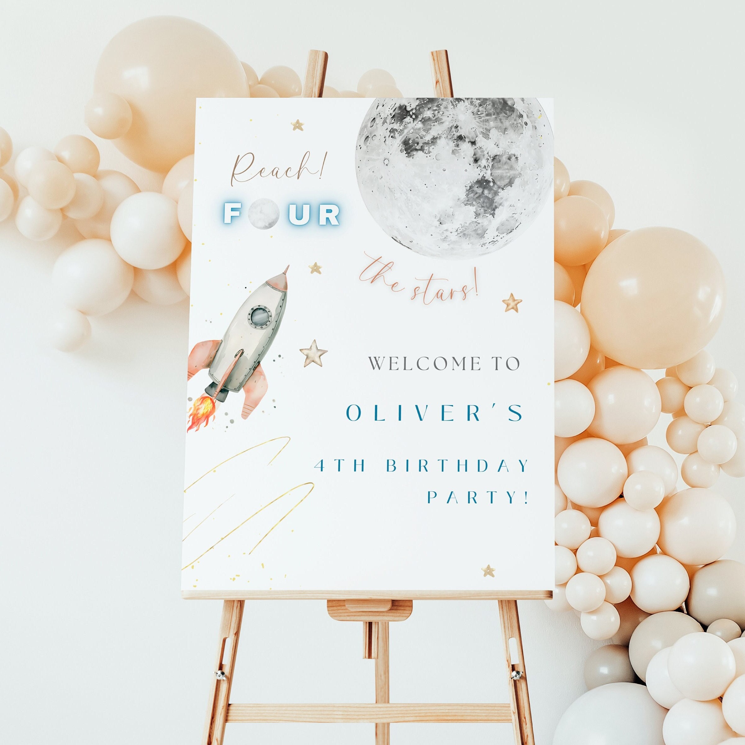 Space Birthday Party Printable Sign Reach Four the Stars 4th Birthday ...