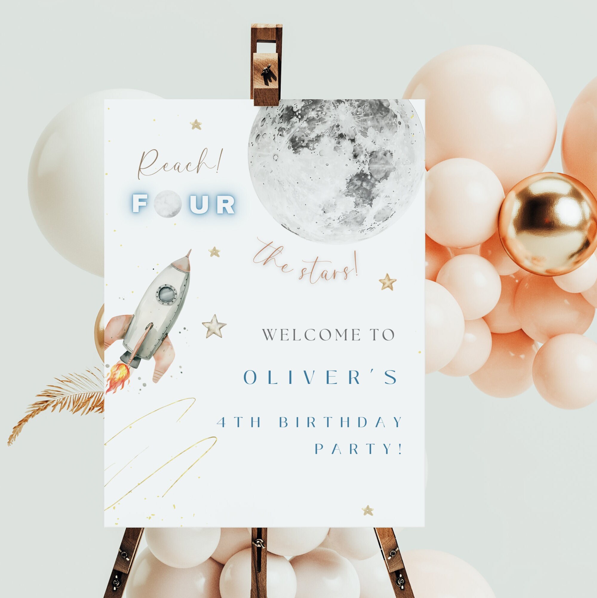 Space Birthday Party Printable Sign Reach Four the Stars 4th Birthday ...