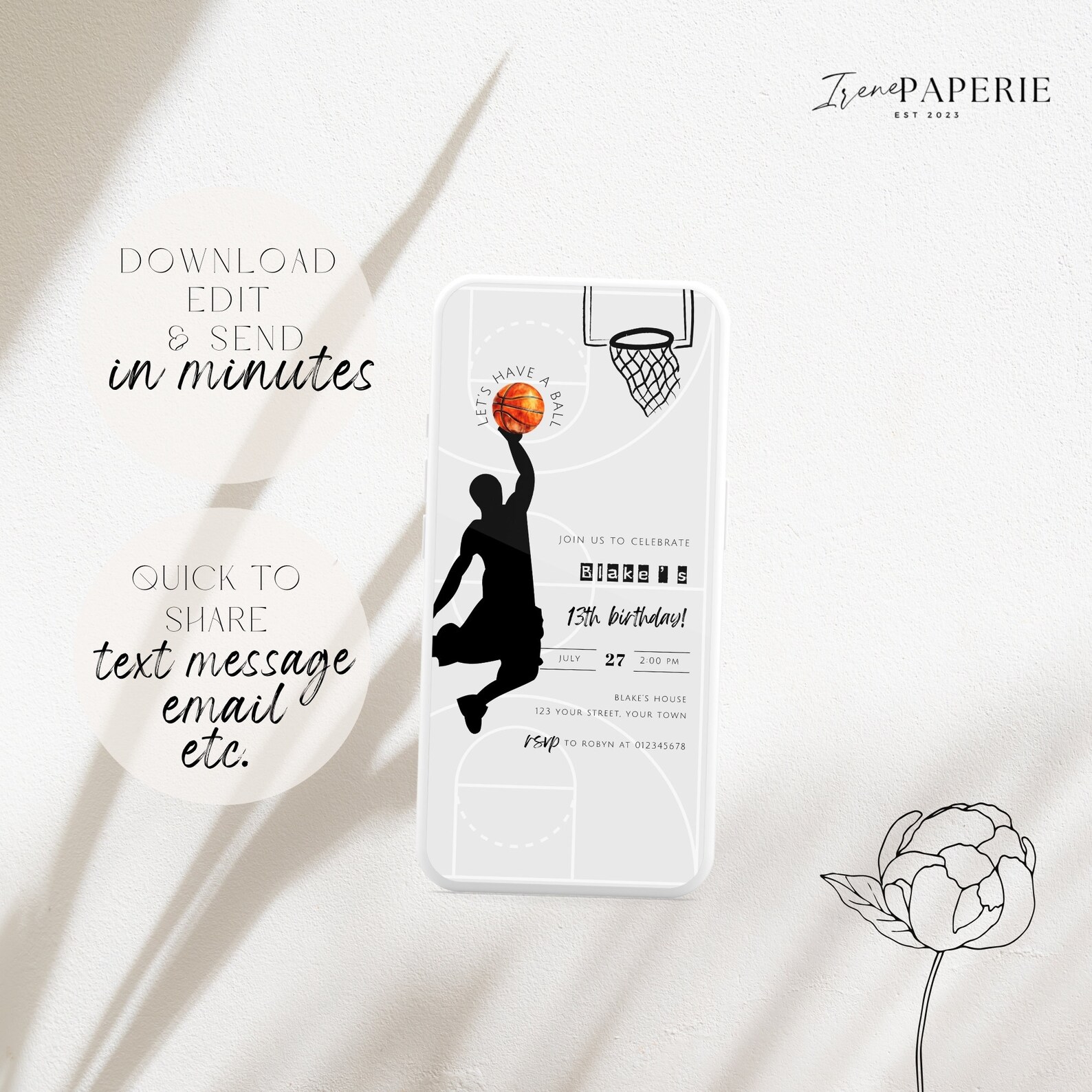 Basketball Birthday Invitation Phone Evite Printable Digital Download ...