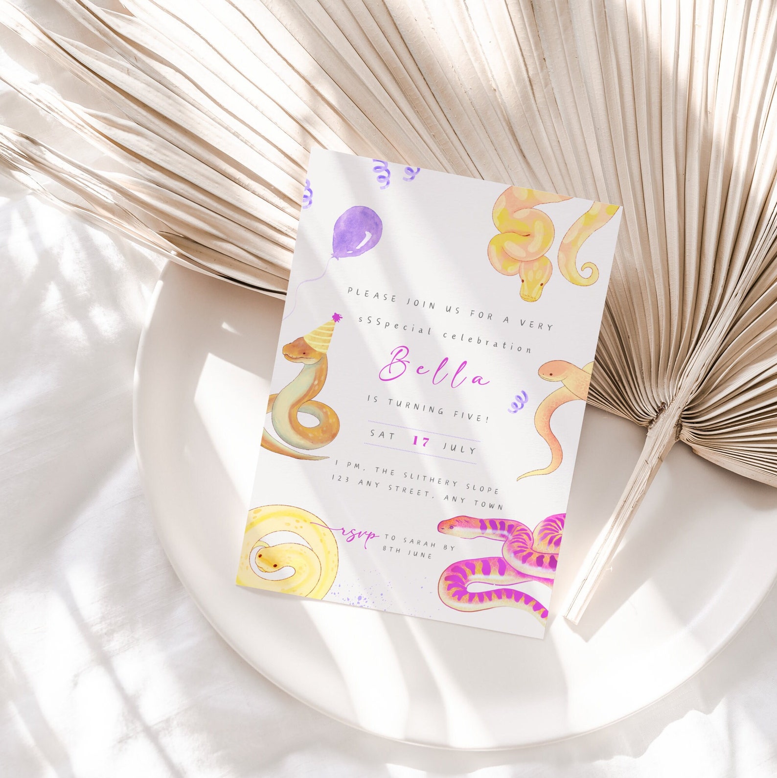 Reptile Birthday Invitation Girl Printable | Snake Lizard Party Invite ...
