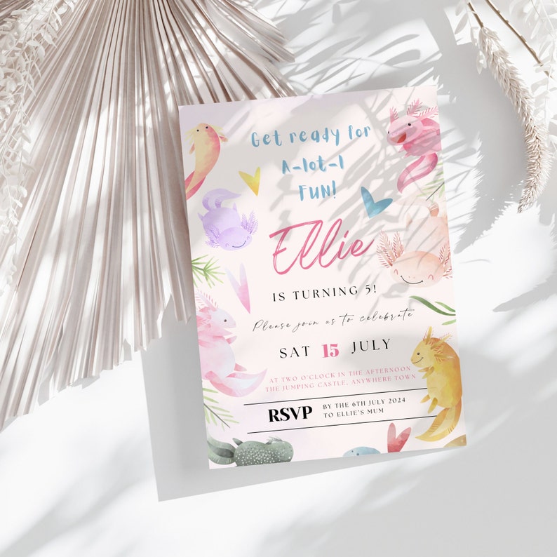 Axolotl Birthday Invitation Girls Canva Editable Template | Instant ...