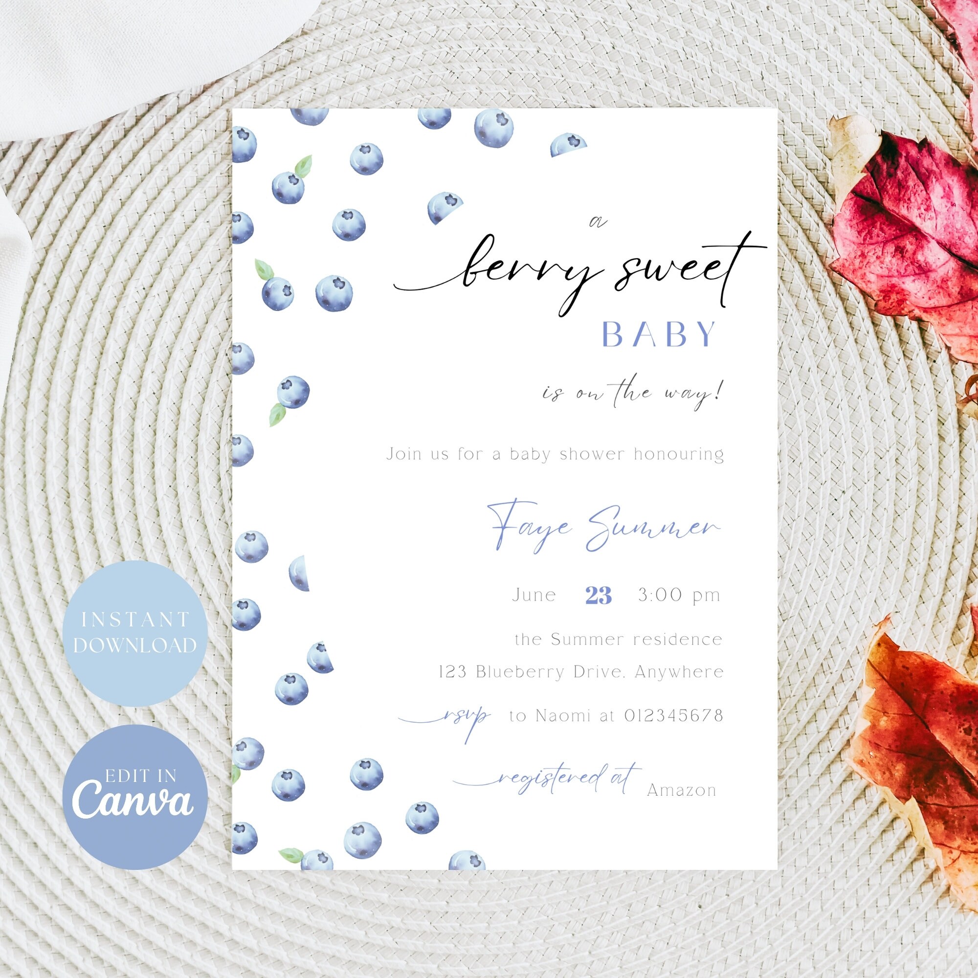 Berry Sweet Baby Invitation Baby Shower Blueberry Invite Instant ...