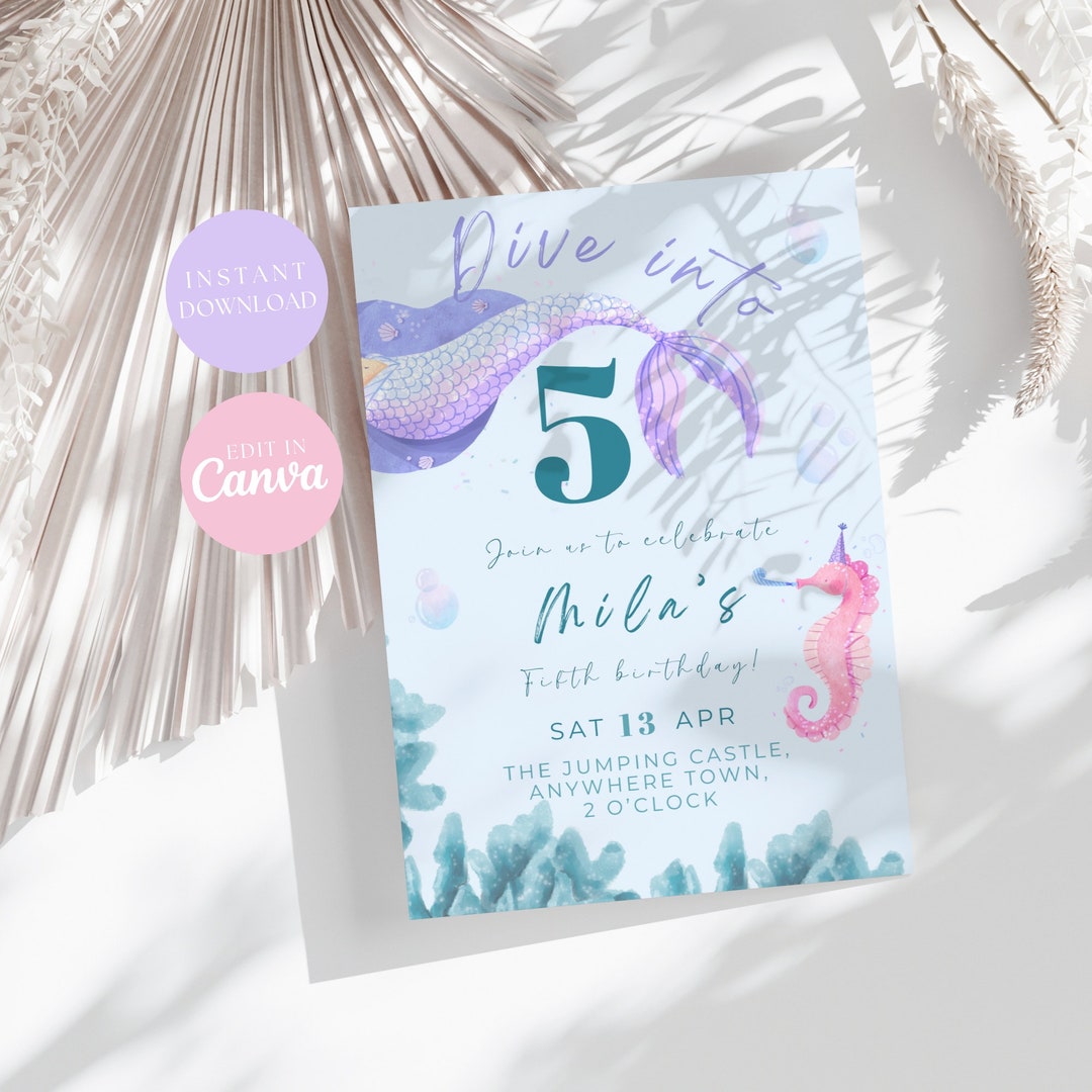 Dive Into Five Mermaid Birthday Invitation | Mermaid 5th Birthday ...