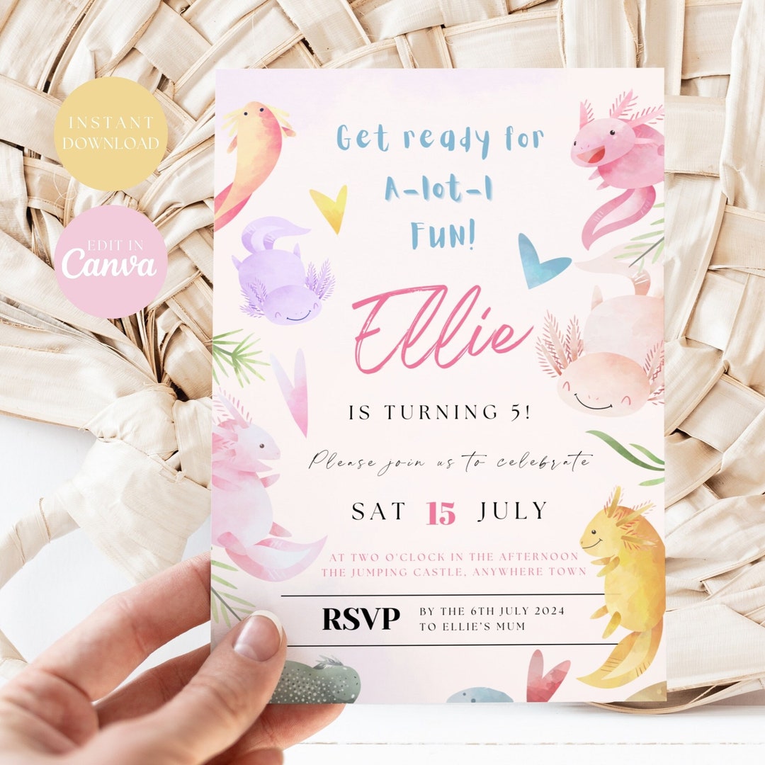 Axolotl Birthday Invitation Girls Canva Editable Template | Instant ...