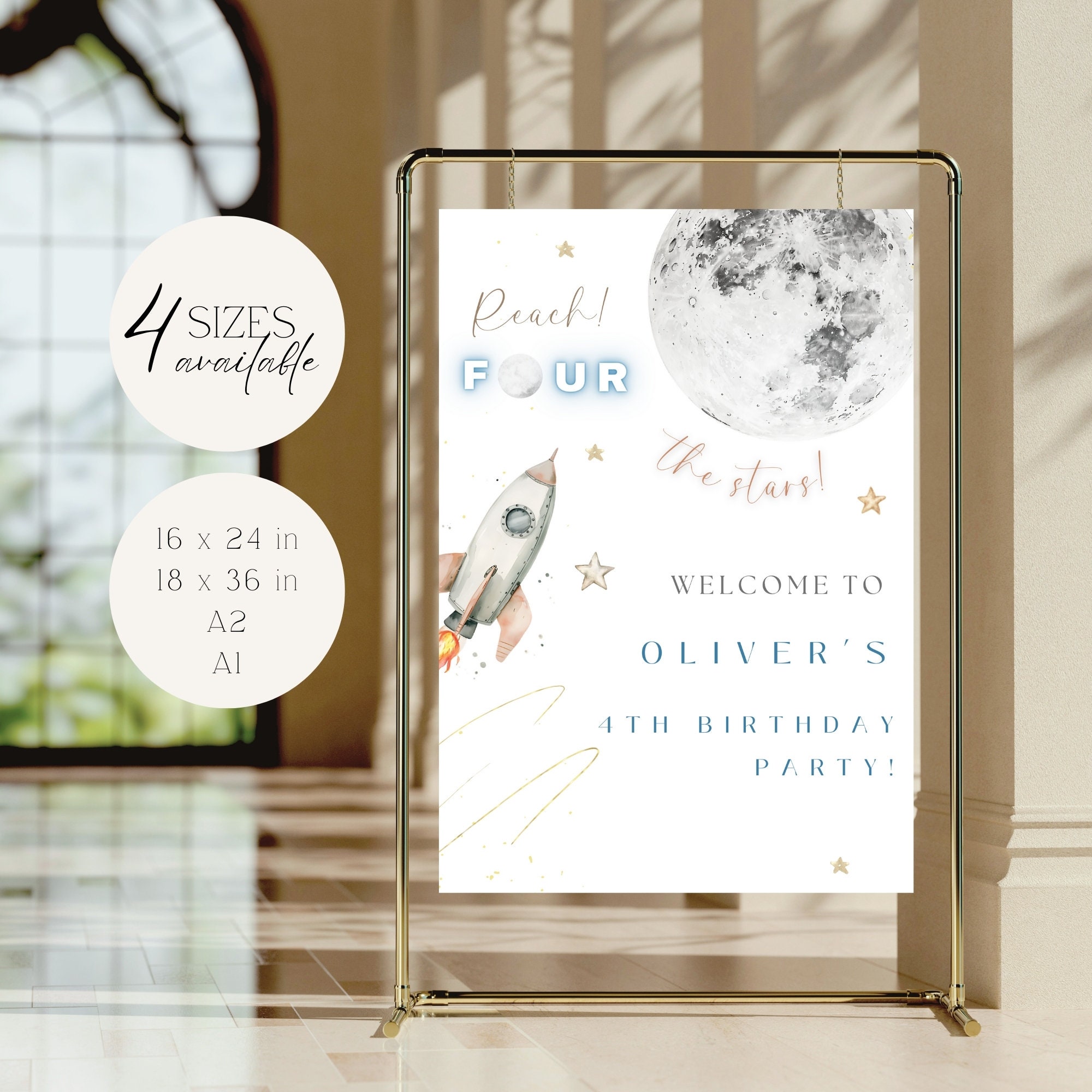 Space Birthday Party Printable Sign Reach Four the Stars 4th Birthday ...