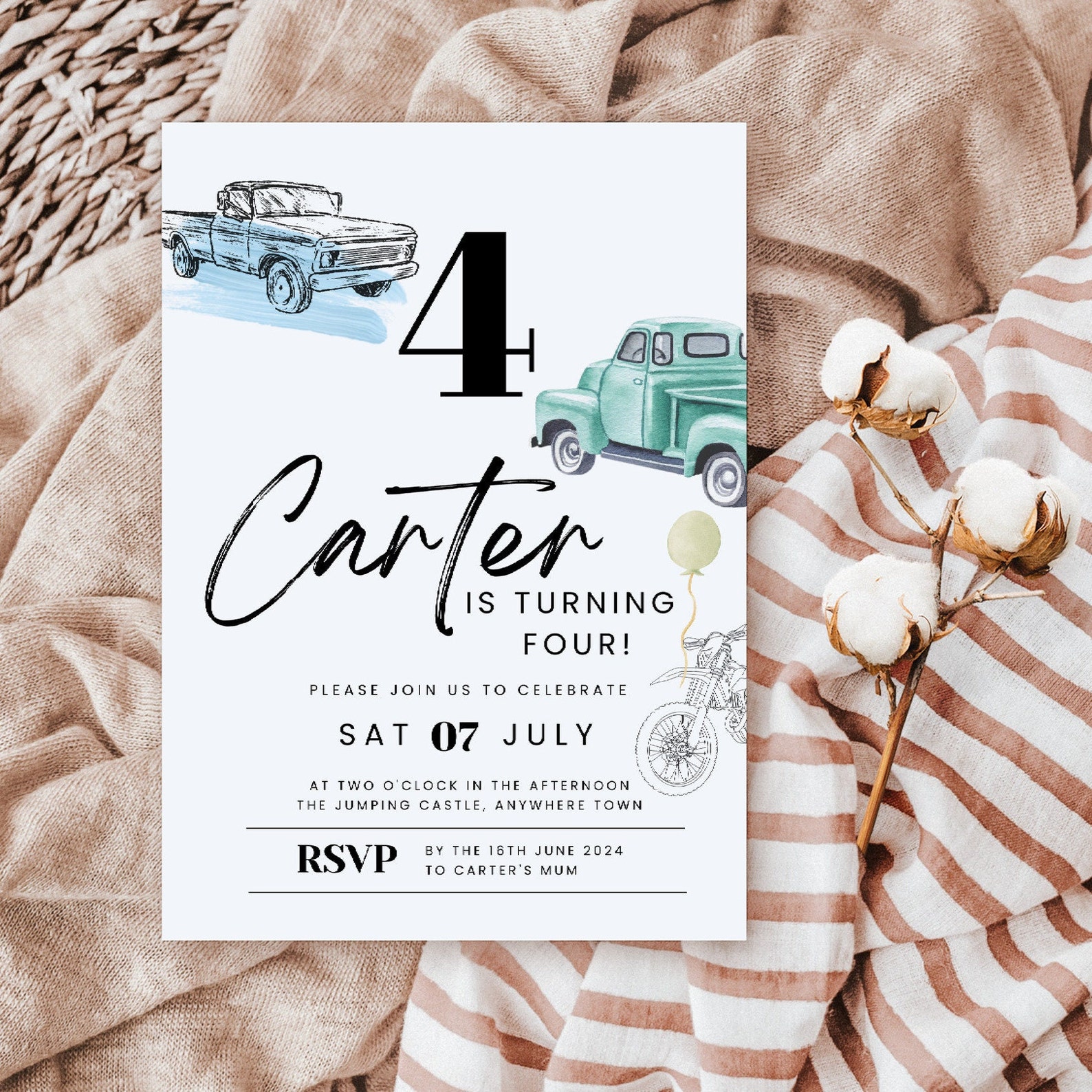 Cars Birthday Party Invitation Boy Classic Car Invite | Truck Party ...