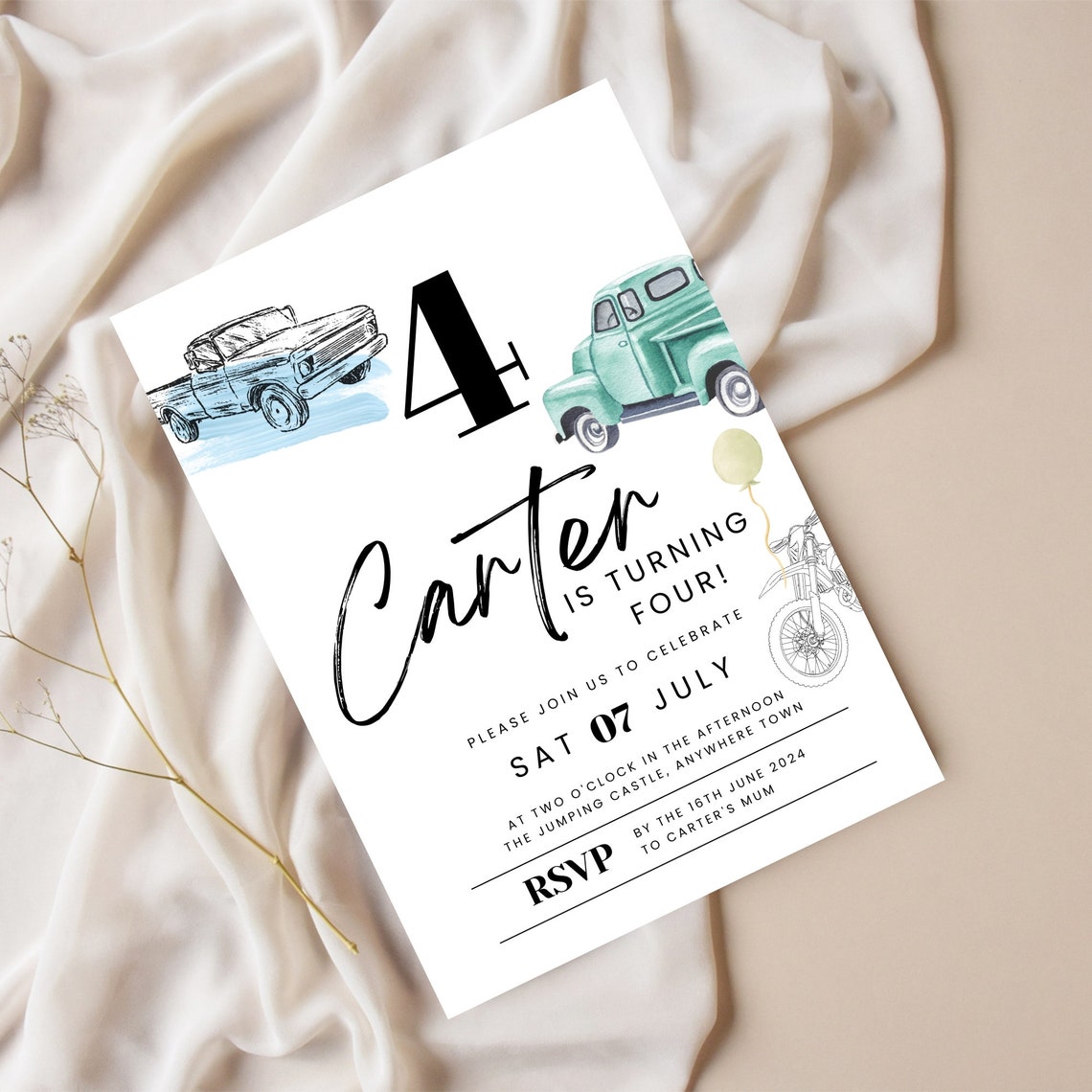 Cars Birthday Party Invitation Boy Classic Car Invite | Truck Party ...