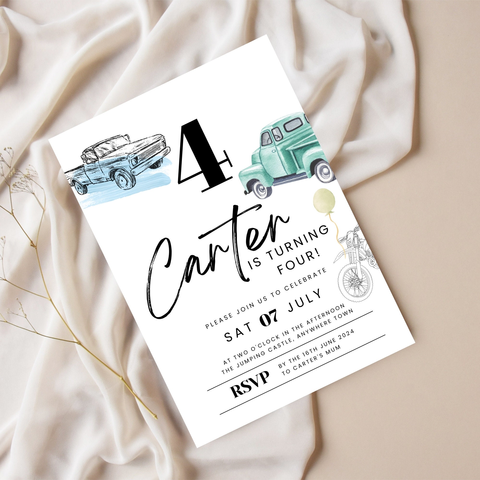 Cars Birthday Party Invitation Boy Classic Car Invite | Truck Party ...