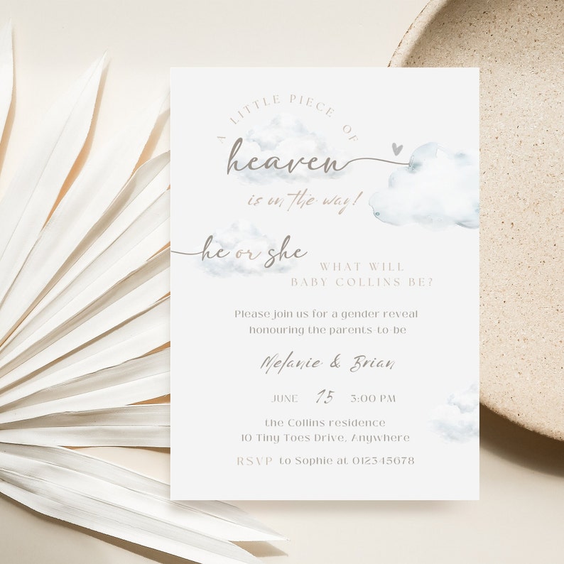 A Little Piece of Heaven Gender Reveal Invite Gender Neutral Cloud ...