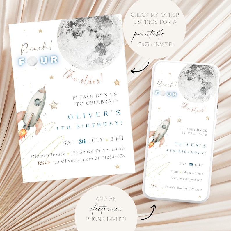 Space Birthday Party Printable Sign Reach Four the Stars 4th Birthday ...