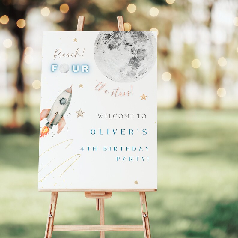 Space Birthday Party Printable Sign Reach Four the Stars 4th Birthday ...