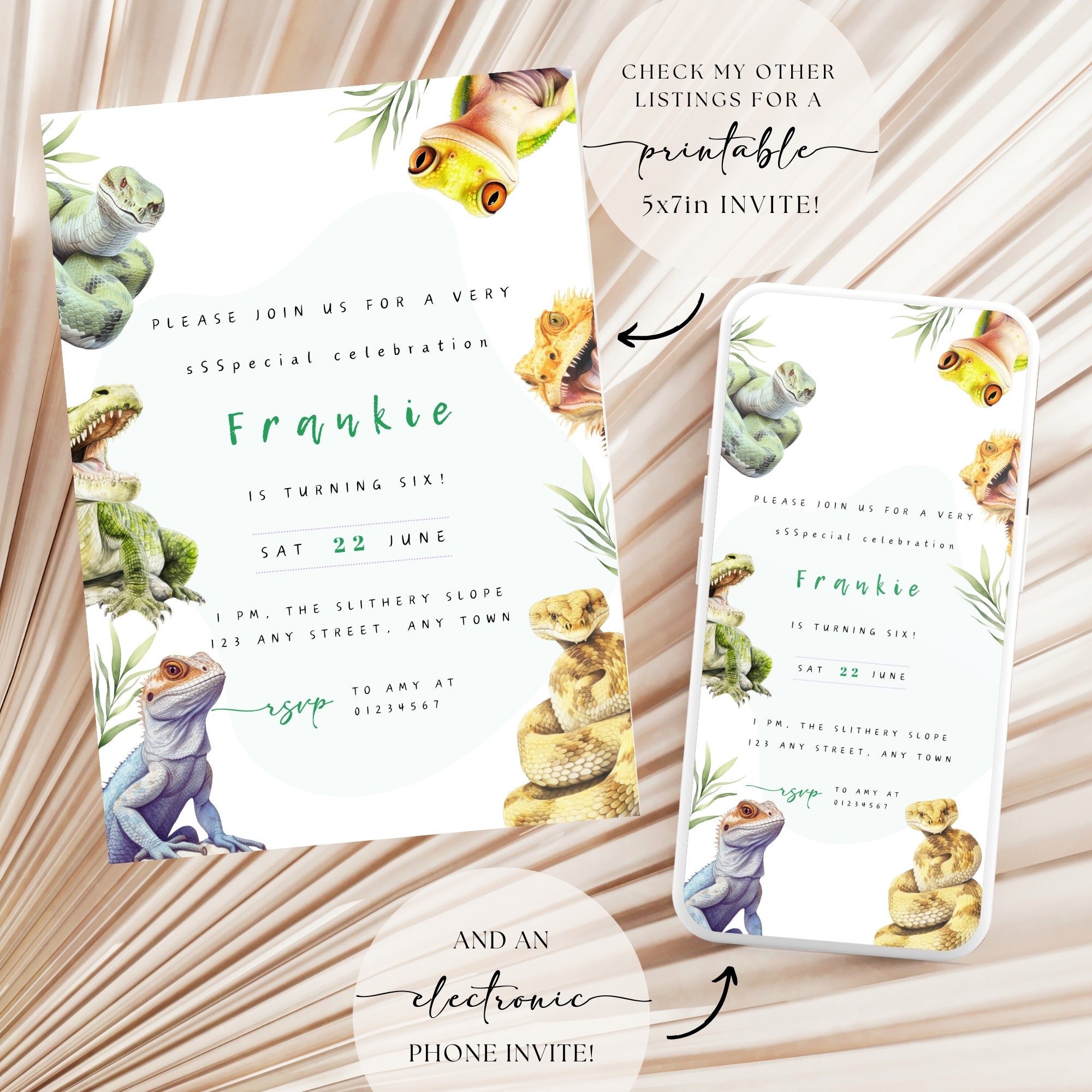 Reptile Birthday Party Invitation Set Editable Reptile Invite | Reptile ...