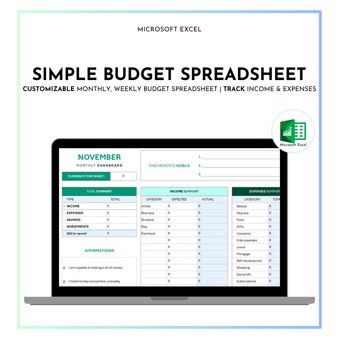 Excel Simple Monthly Budget Spreadsheet GREEN | Savings Paycheck Budget ...