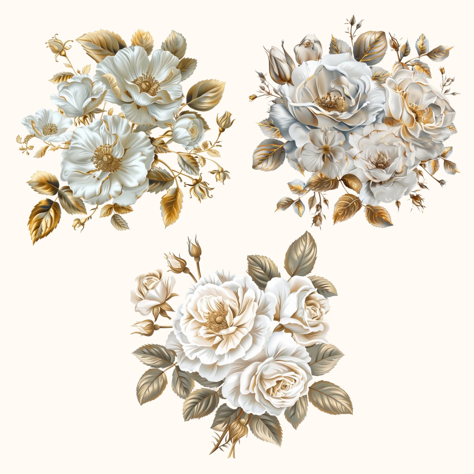 White and Gold Floral Clipart Set White Gold Flowers PNG Gold Floral ...