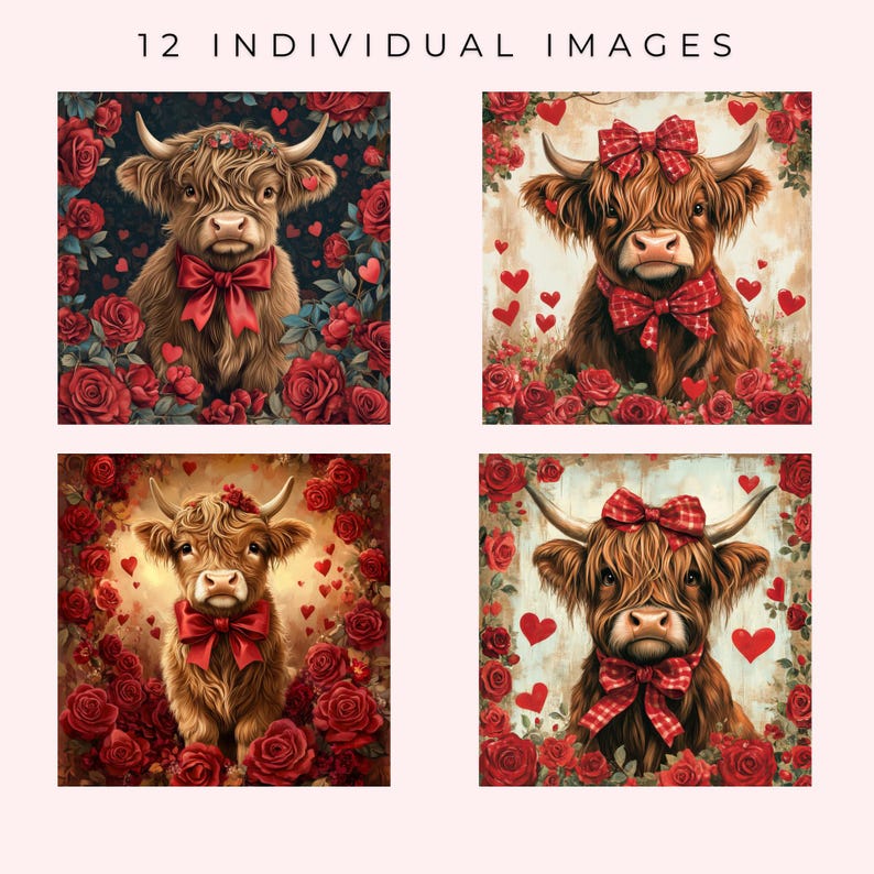 Highland Cow Valentines Clipart Set Cute Valentines Cow Jpgs Valentines ...